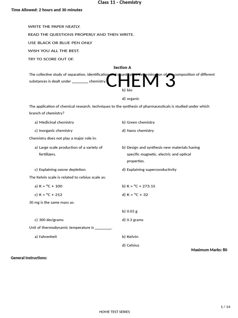 Question Paper Chemistry | PDF | Molecules | Properties Of Water