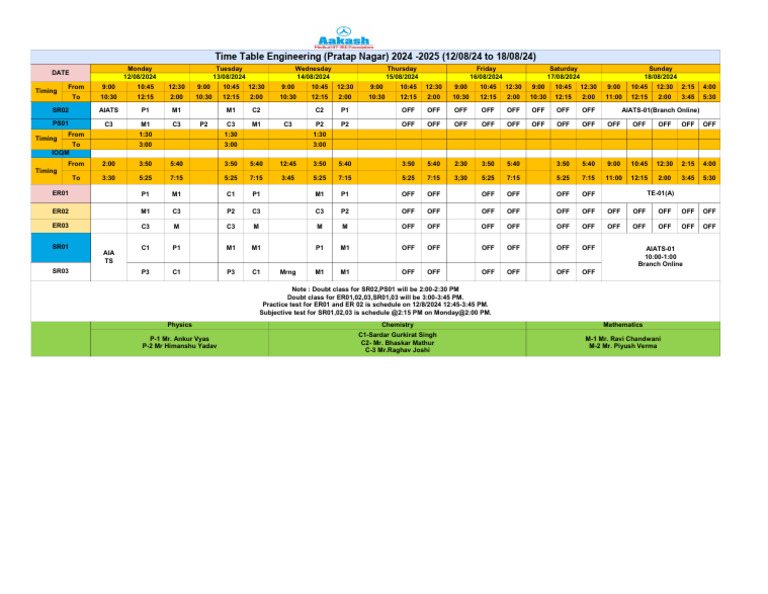 Engineering - Time Table J4 - 12-08-24 To 20-08-24 | PDF