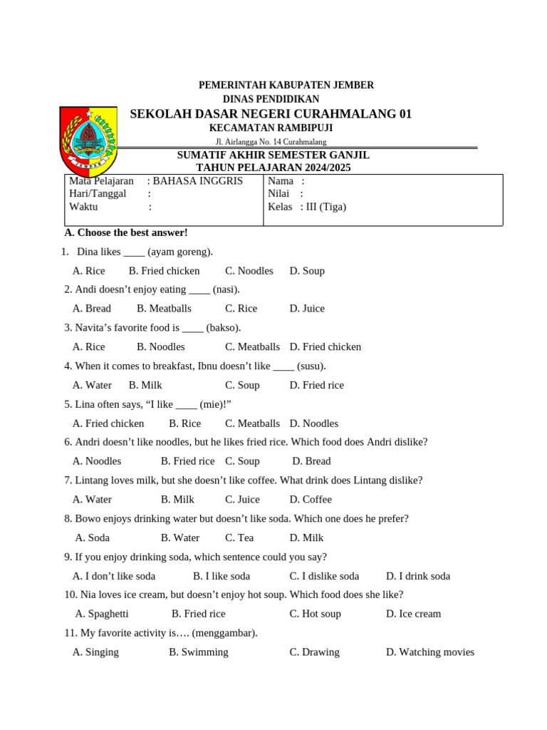 Soal Sas Bing KLS 3 Smester 1 | PDF | Cuisine | Foods