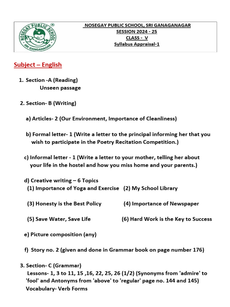 Class-5 Syllabus of Appraisal-1 (2024-25) | PDF
