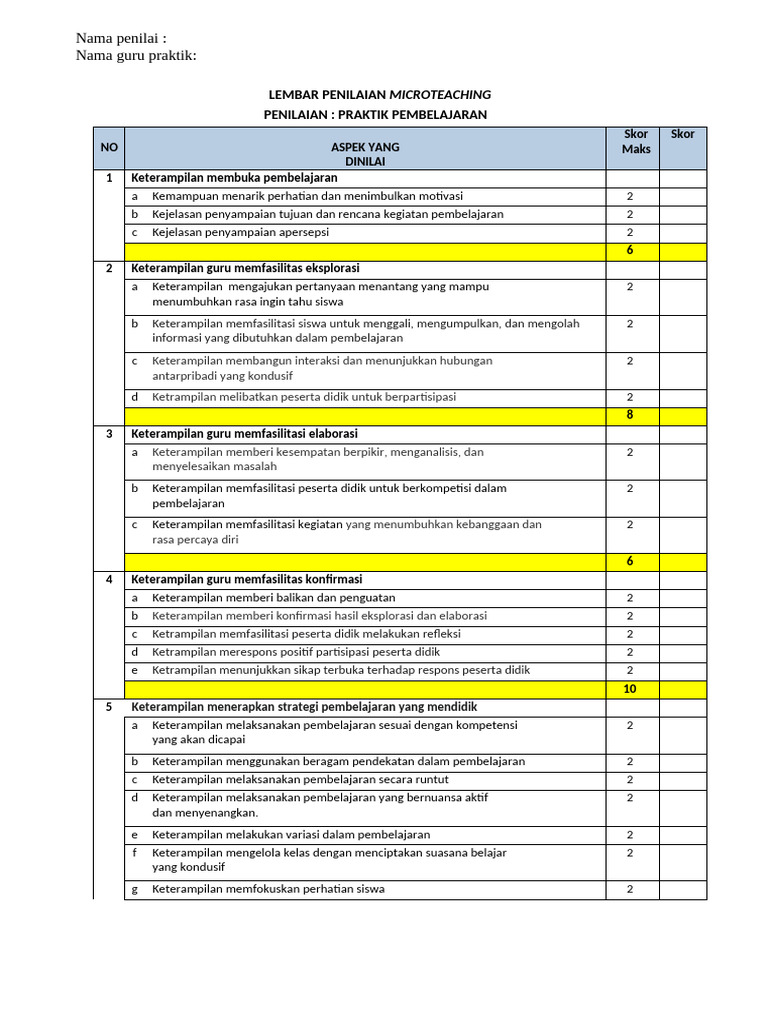 Lembar Penilaian Microteaching | PDF