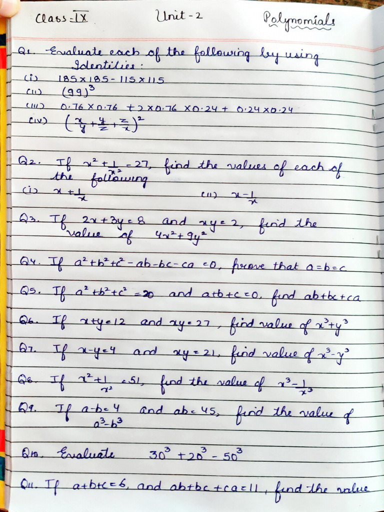 Class 9 CH 2 Polynomial Worksheet | PDF