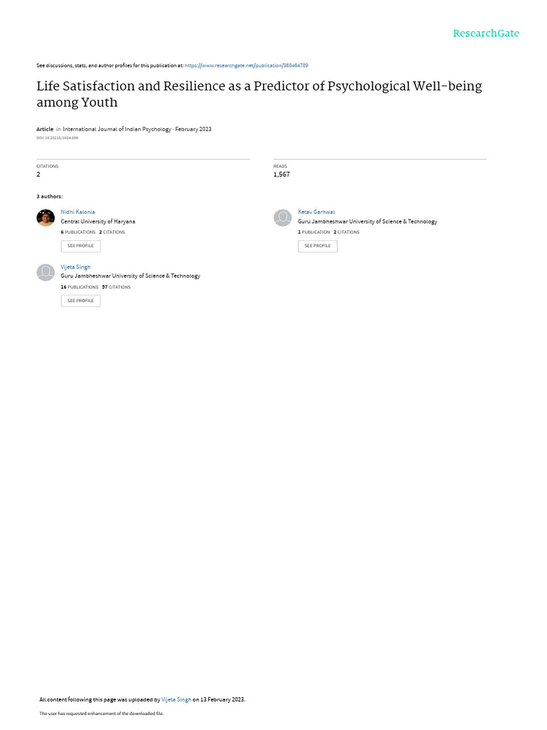 Life Satisfaction and Resilience As A Predictor of Psychological Well-Being Among Youth | PDF ...