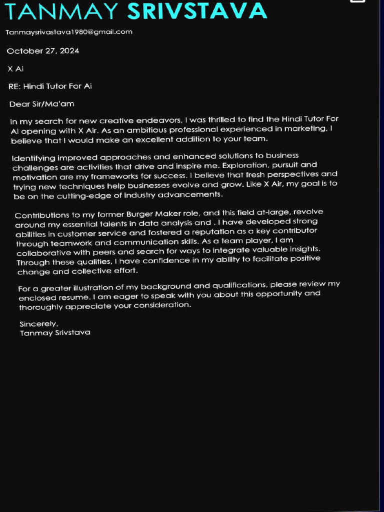 Front Letter For Resume Tanmay | PDF