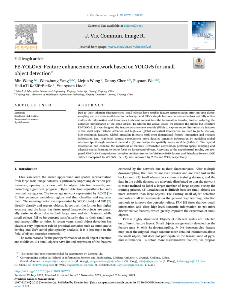 FE-YOLOv5 Feature Enhancement Network Based On YOLOv5 For Small Object Detection1 | PDF