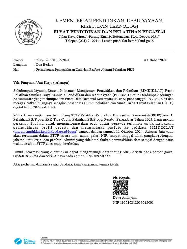 Surat Permohonan Pemutakhiran Data Pelatihan PBJP - Lampiran | PDF