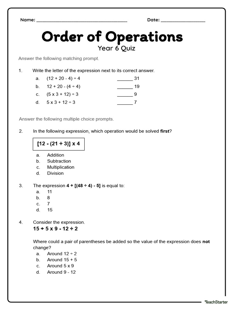 Year 6 Order of Operations Quiz | PDF | Mathematics | Arithmetic