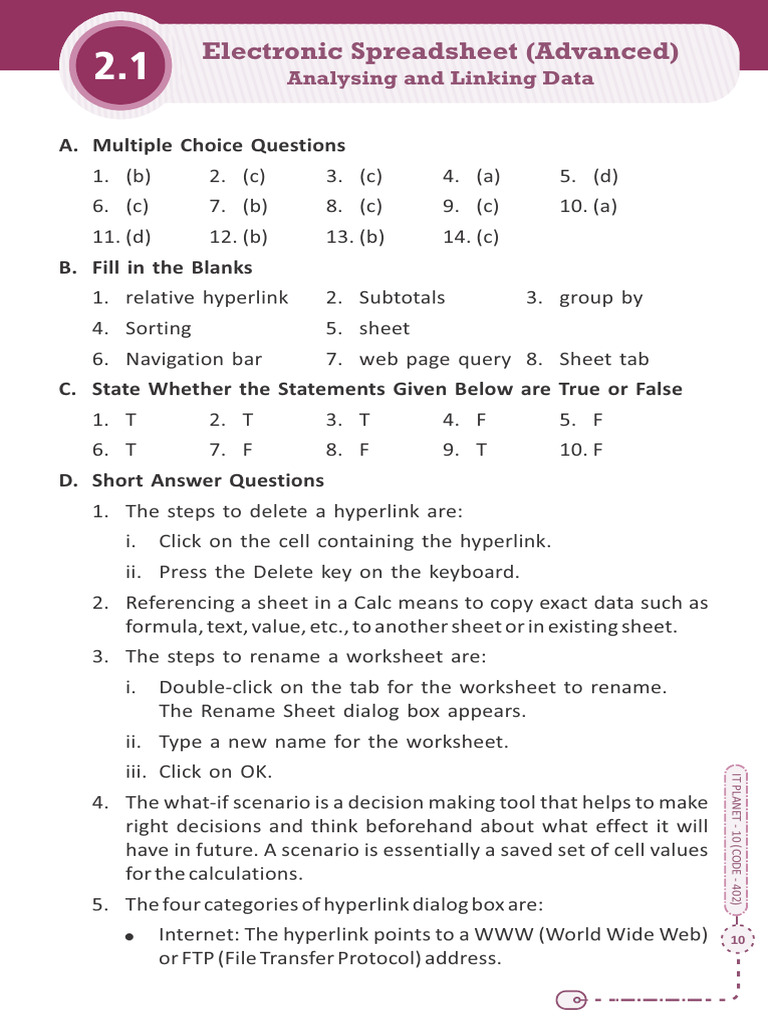 Electronic Spreadsheet (Advanced) : A. Multiple Choice Questions | PDF | Spreadsheet | Hyperlink
