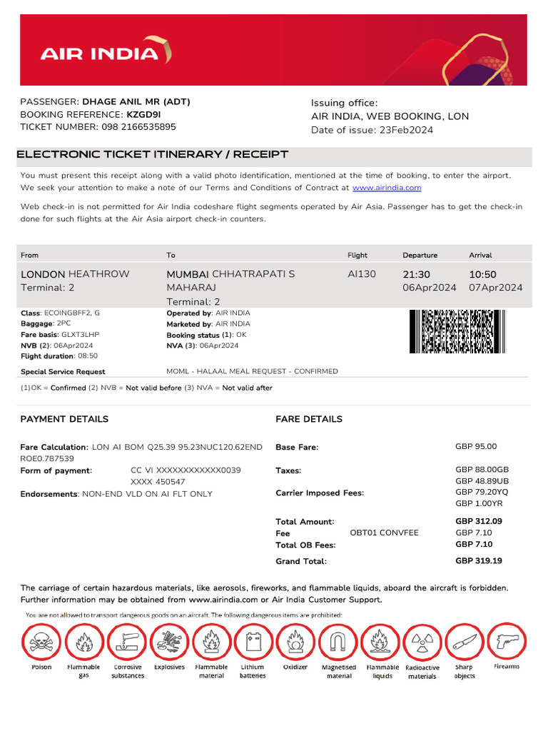 Air India Web Booking Eticket (KZGD9I) - ANIL | PDF