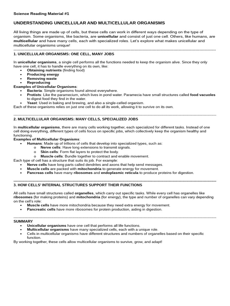 Science Reading Material 1 | PDF | Cell (Biology) | Organisms