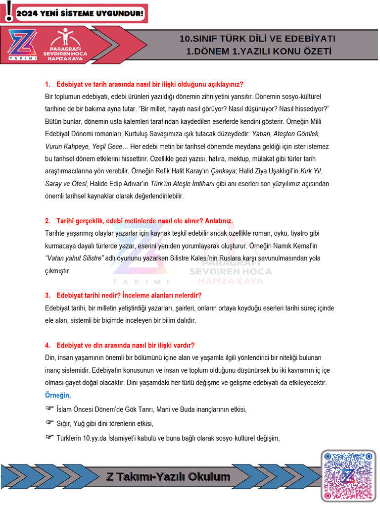 10 Sinif Edebiyat 1 Donem 1 Yazili Calisma Kagidi | PDF