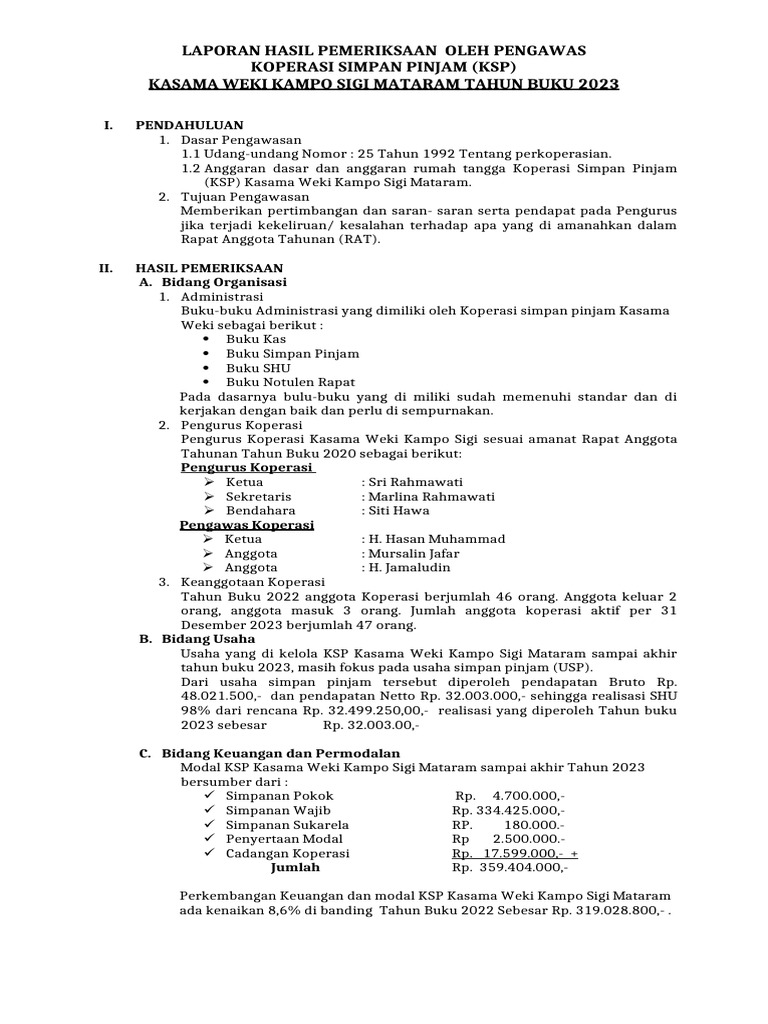LAPORAN HASIL PEMERIKSAAN OLEH PENGAWAS Koperasi Kasama Weki | PDF