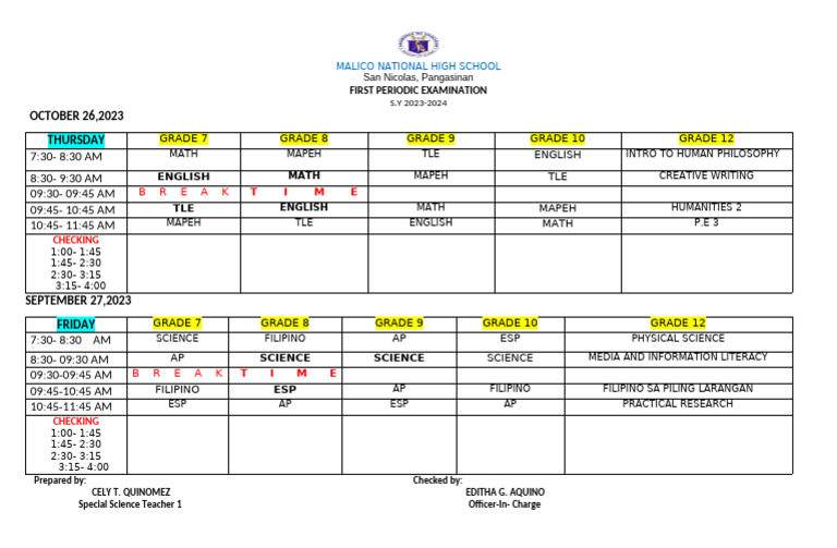 First Periodic Test Schedule | PDF