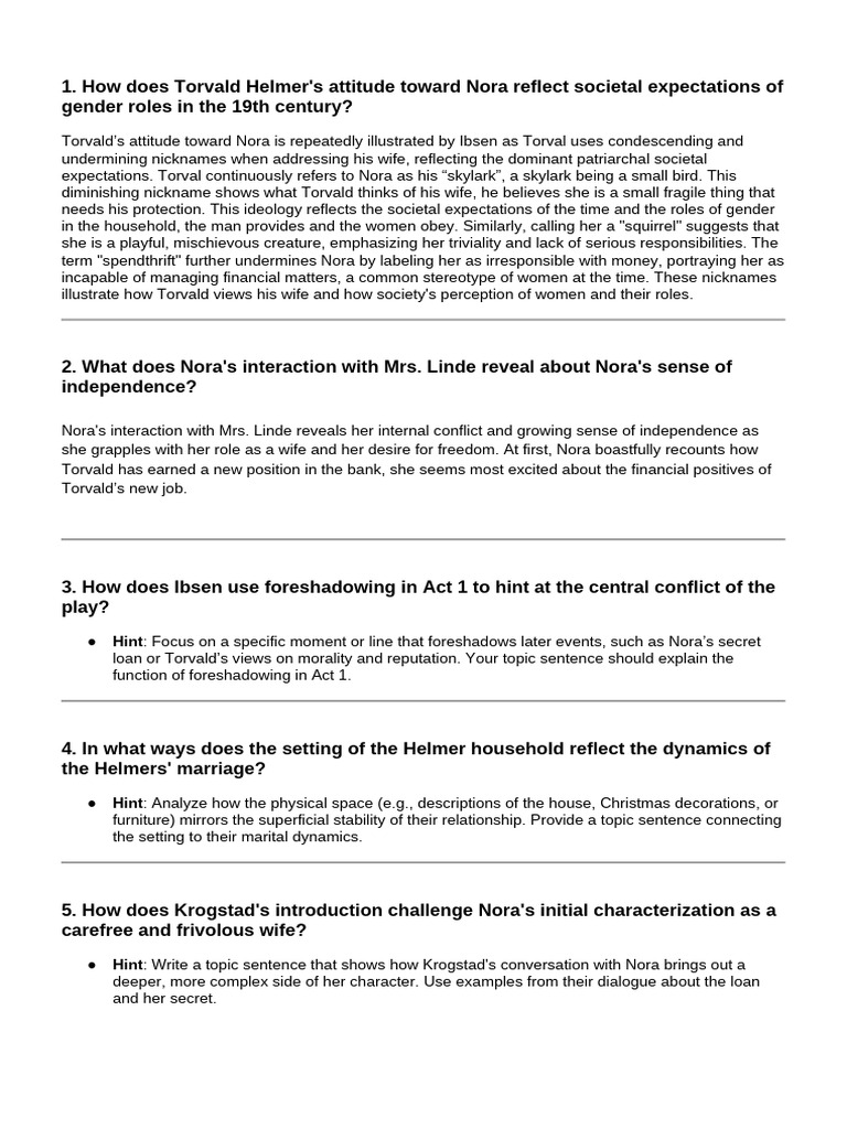 Doll's House Act 1 - PEE Paragraph Questions | PDF | A Doll's House ...