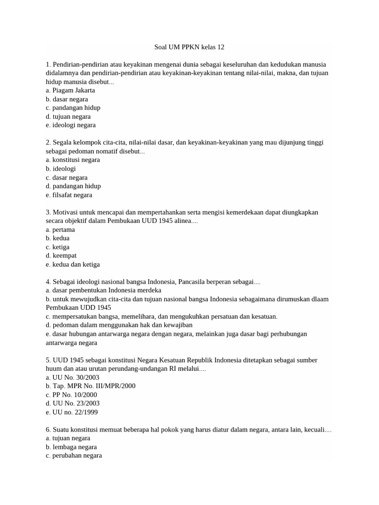 Soal US PPKN Kelas 12 MA | PDF
