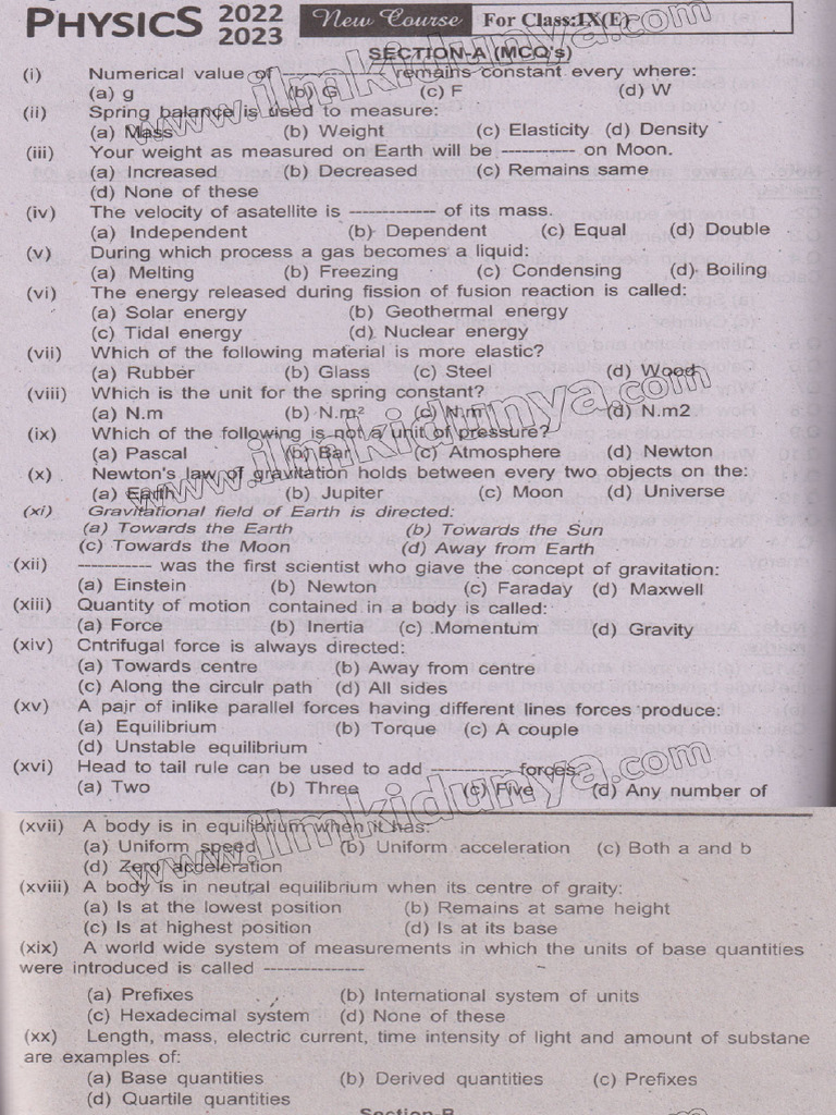 Past Paper 2022 Hyderabad Board Class 9th Physics Objective | PDF