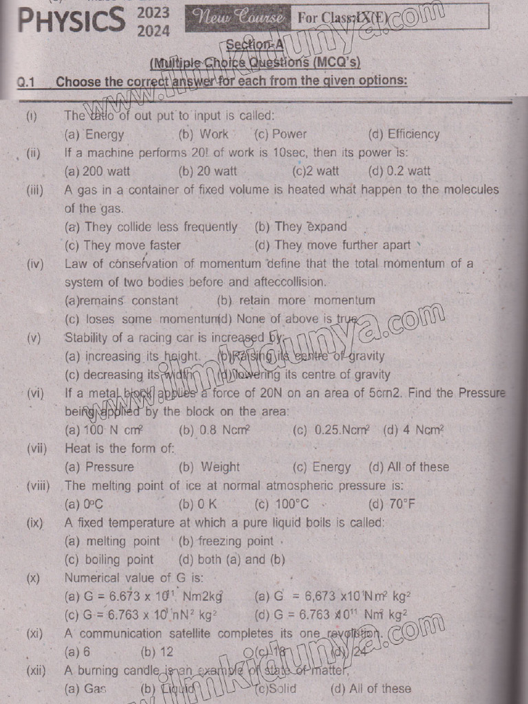 Past Paper 2023 Hyderabad Board Class 9th Physics Objective | PDF