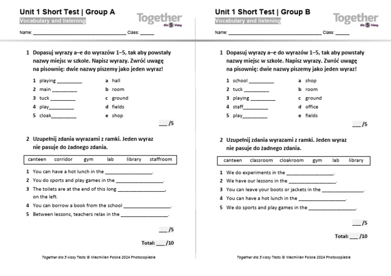 Together kl5 Short Test U1 Vocabulary and Listening AB | PDF
