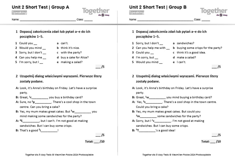 Together kl5 Short Test U2 Speaking AB | PDF