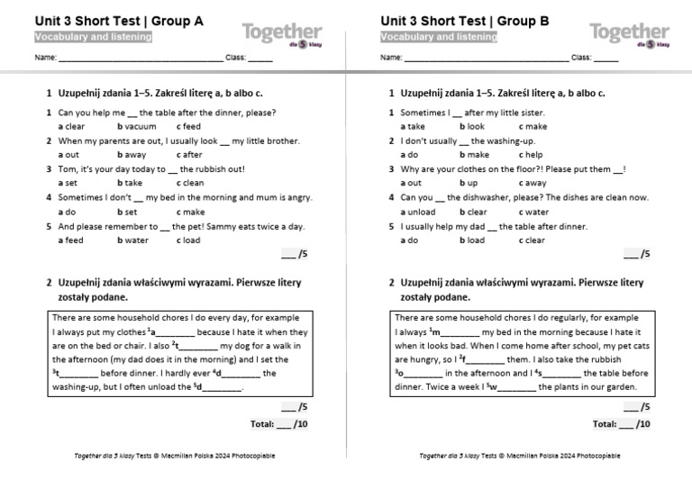 Together kl5 Short Test U3 Vocabulary and Listening AB | PDF | Domestic ...