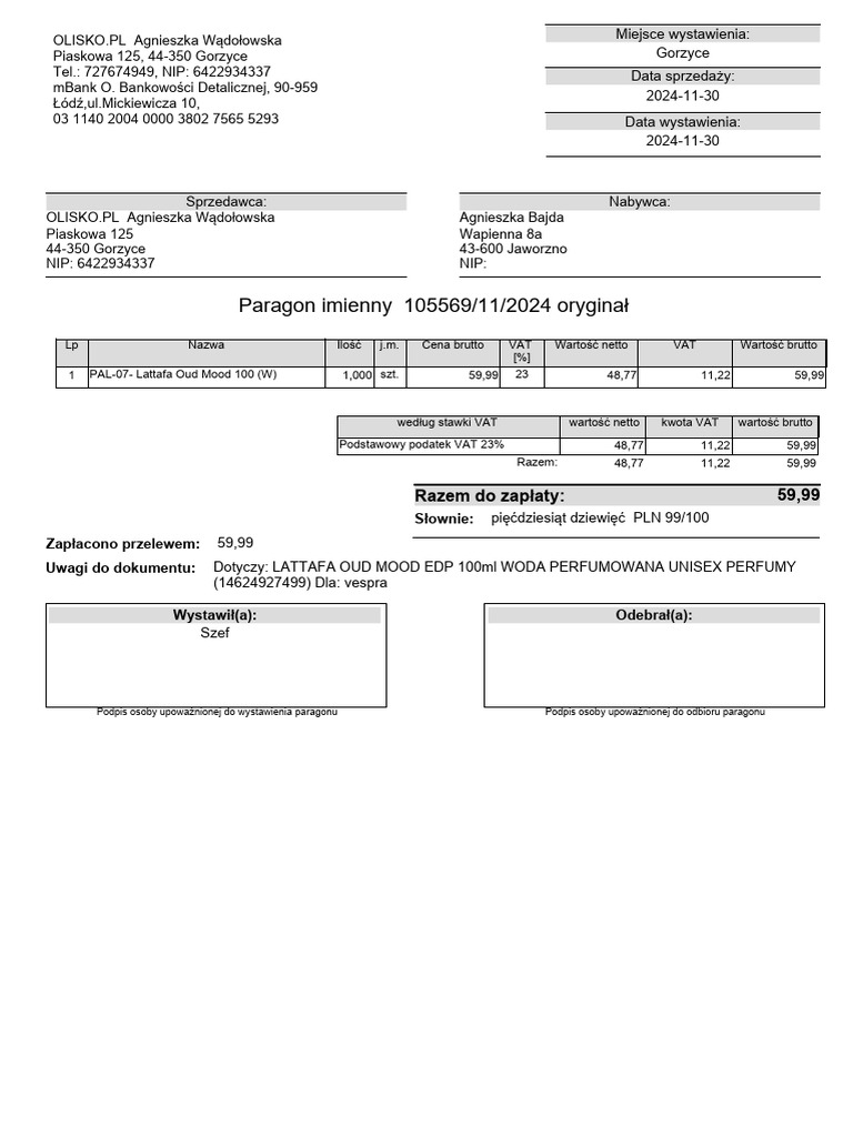 Paragon Imienny 105569/11/2024 Oryginał: Gorzyce Miejsce Wystawienia ...
