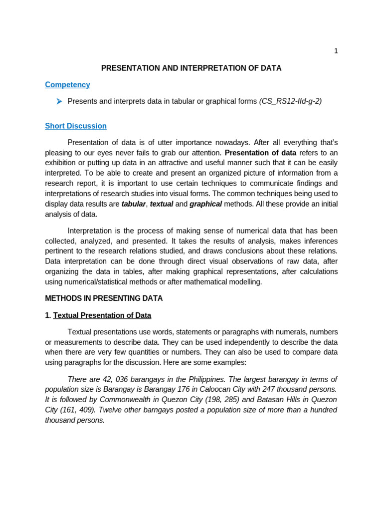 Presentation and Interpretation of Data: Competency | PDF | Chart | Data