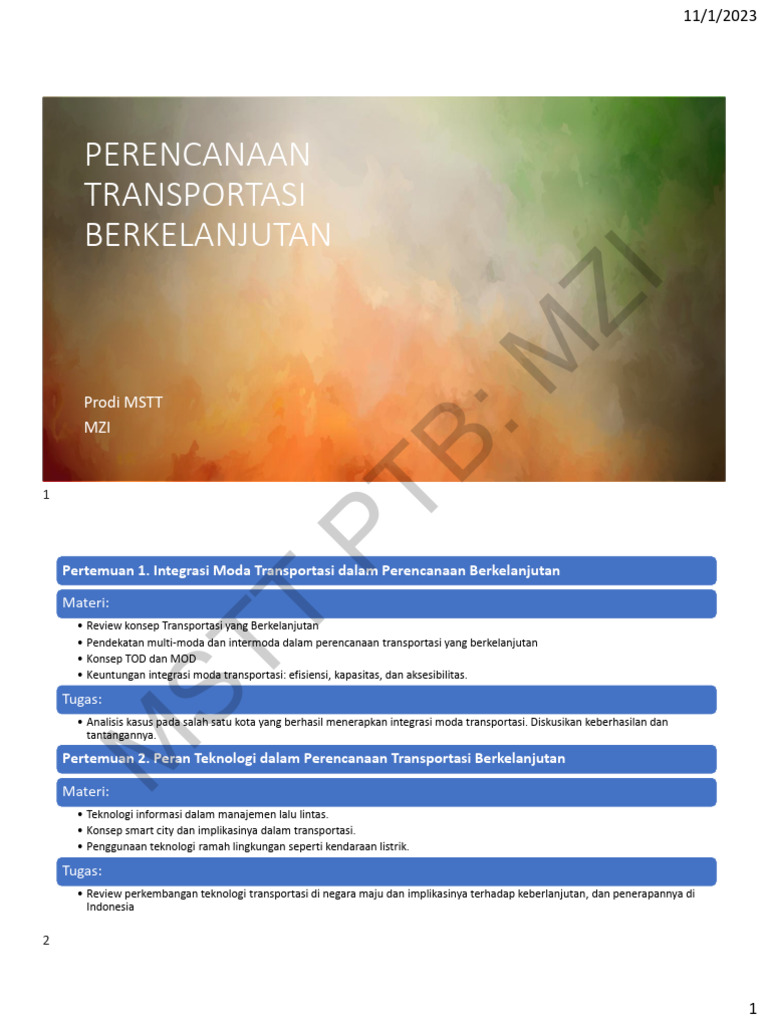 Materi Kuliah 2023 MZI Perencanaan Transportasi Berkelanjutan 1st Meeting | PDF