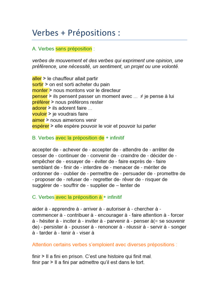 Verbes et Prépositions en Français | PDF