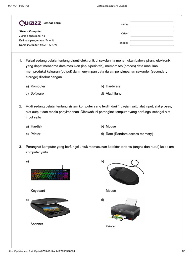 Sistem Komputer - Quizizz | PDF