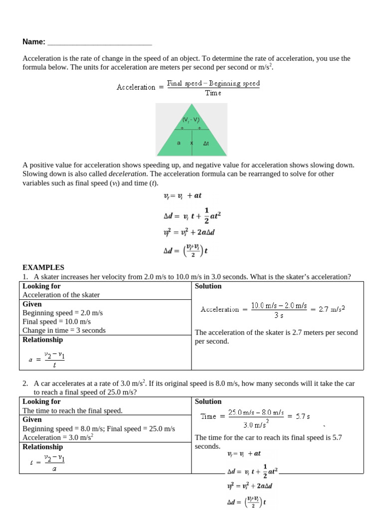 Acceleration Worksheet | PDF