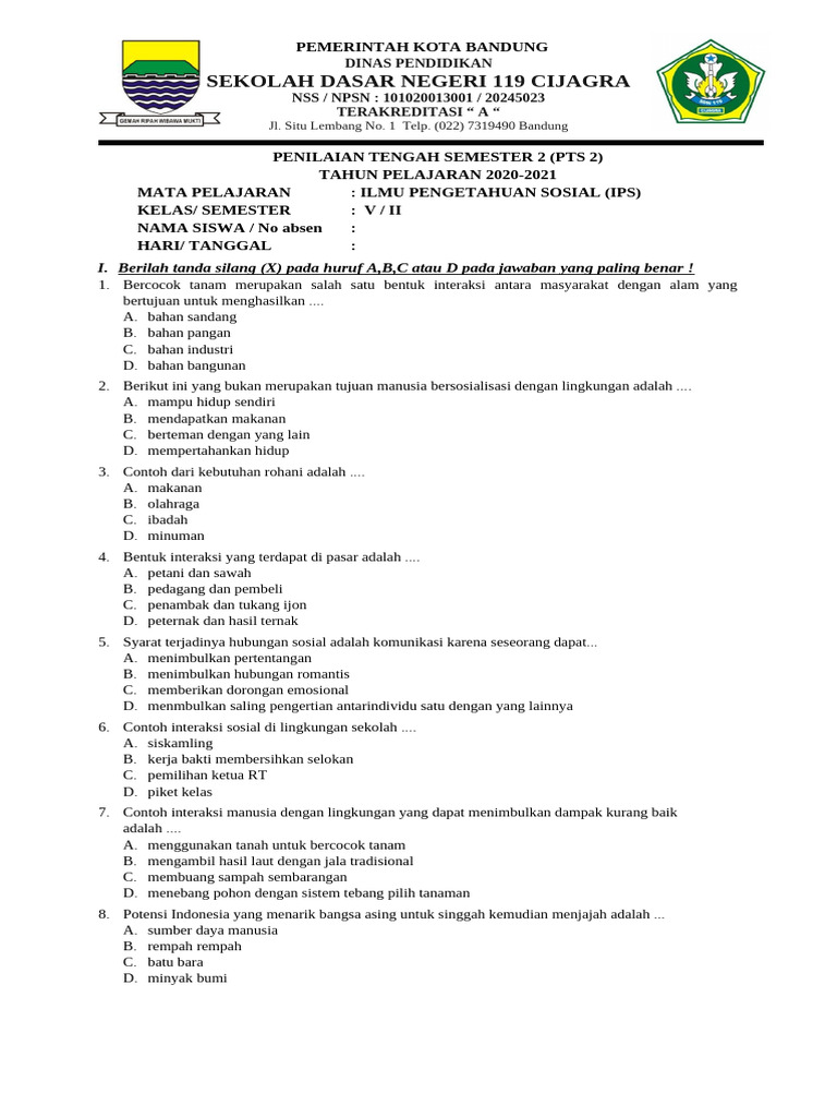 Soal PTS IPS Kls 5 SMT 2 | PDF