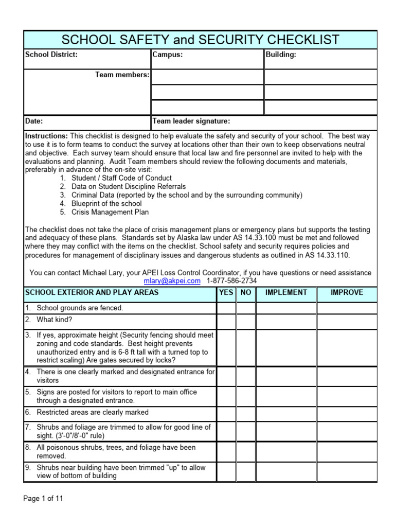 School Safety Security Checklist | PDF | Policy | Crimes
