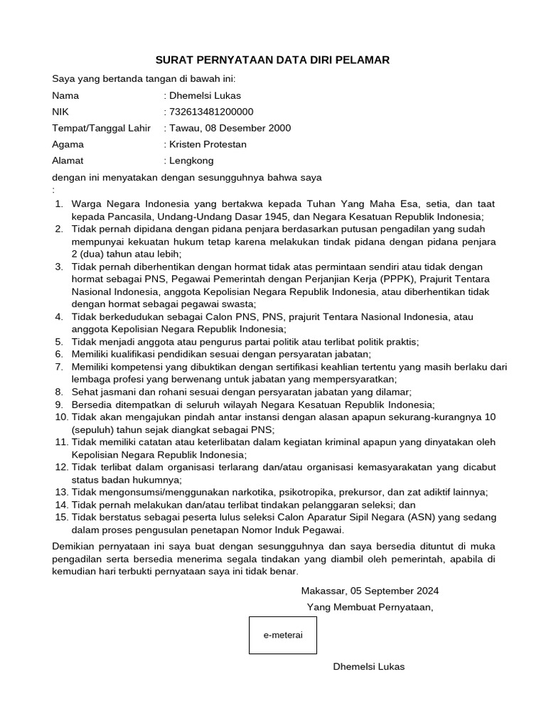 Surat Pernyataan Data Diri | PDF