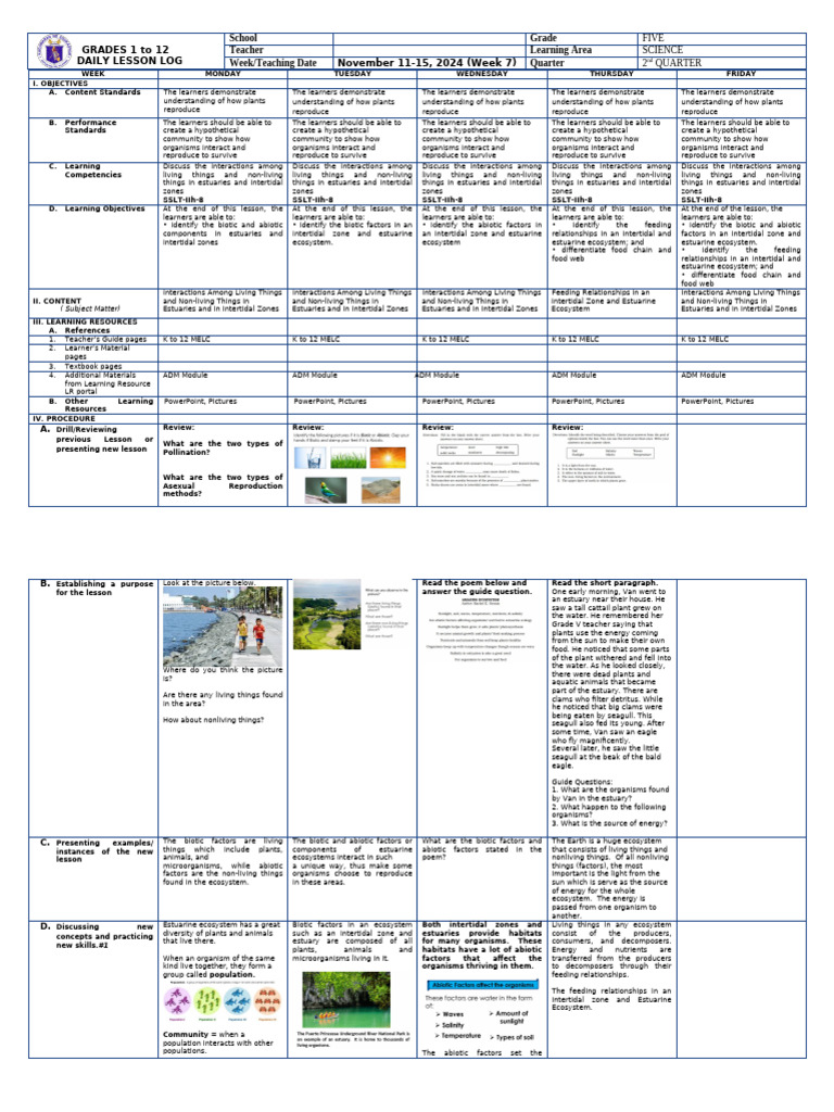 DLL Week 7 Science | PDF | Ecosystem | Estuary