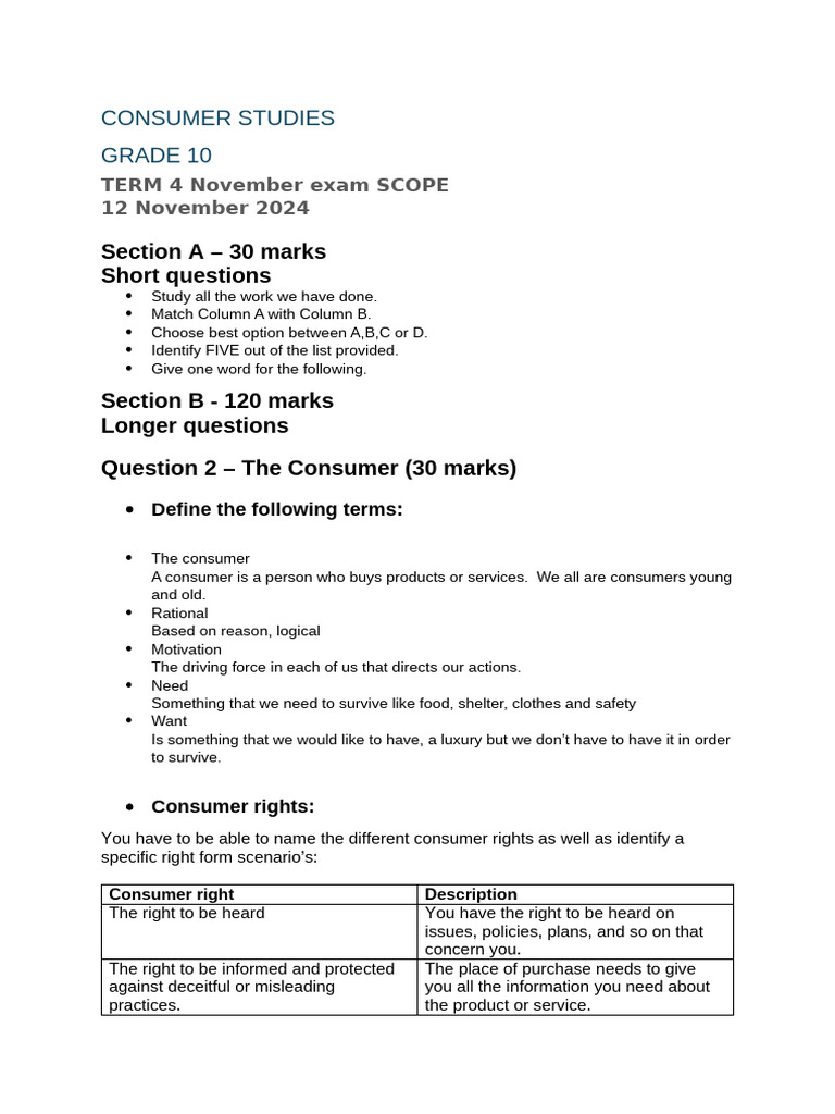 Gr. 10 Consumer Studies November Exam 2024 Scope | PDF