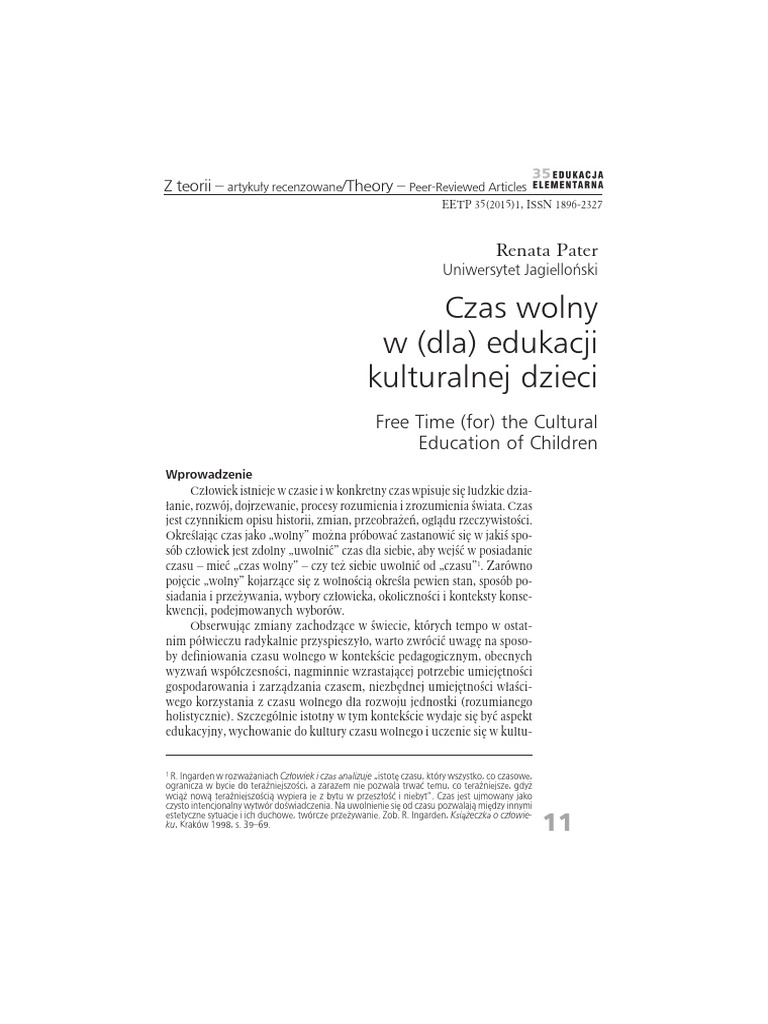 Pater Czas Wolny W Dla Edukacji Kulturalnej Dzieci 2015 | PDF