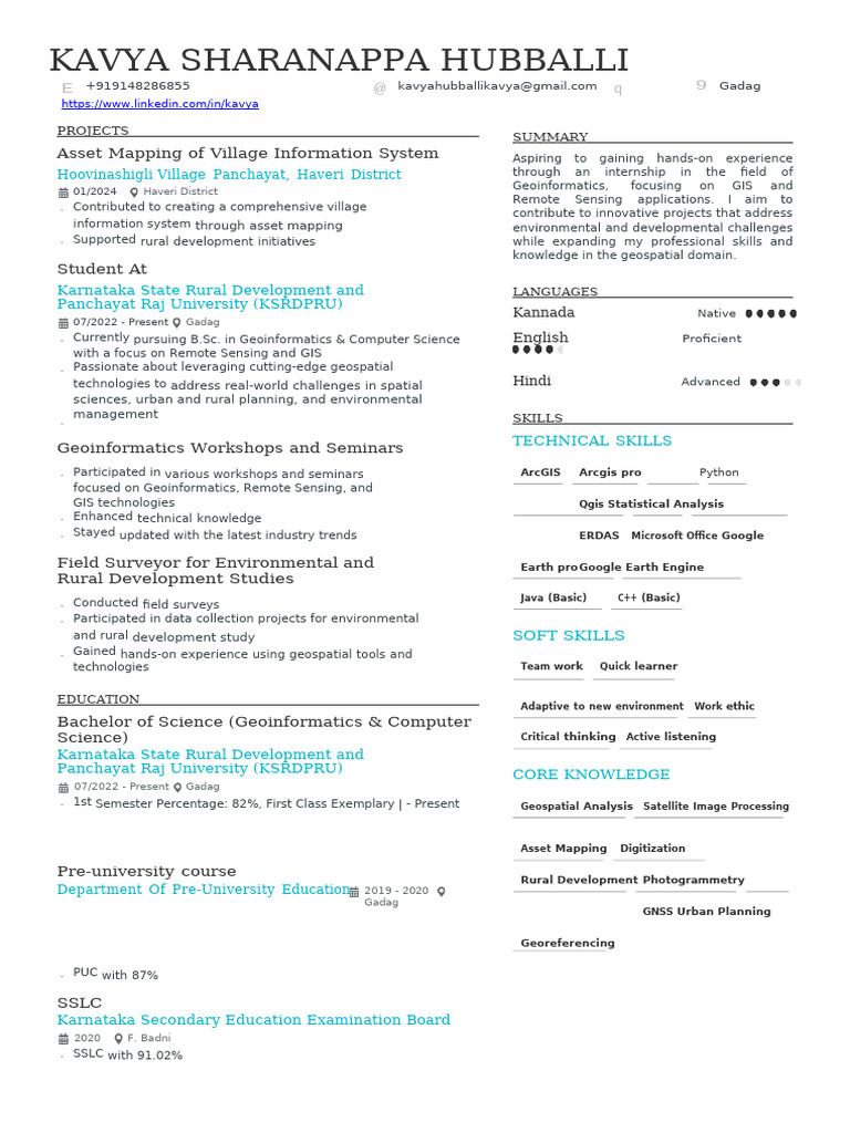 Kavya H - Resume | PDF | Geographic Information System | Arc Gis