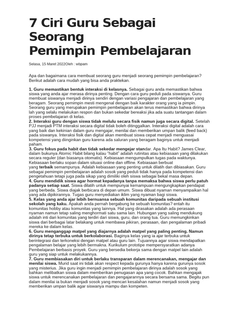 7 Ciri Guru Sebagai Seorang Pemimpin Pembelajaran | PDF