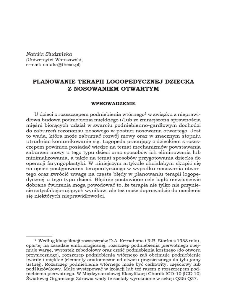 Planowanie Terapii Logopedycznej Dzieci Z Rozszczepem | PDF