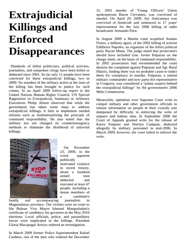 Extrajudicial Killings and Enforced | PDF | Misconduct | Crime & Violence