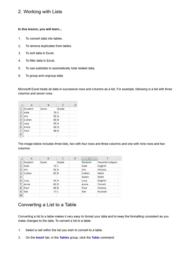 Working With Lists | PDF | Microsoft Excel | Microsoft Windows