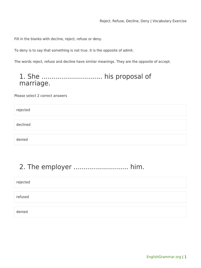 Vocabulary: Reject, Refuse, Decline, Deny | PDF