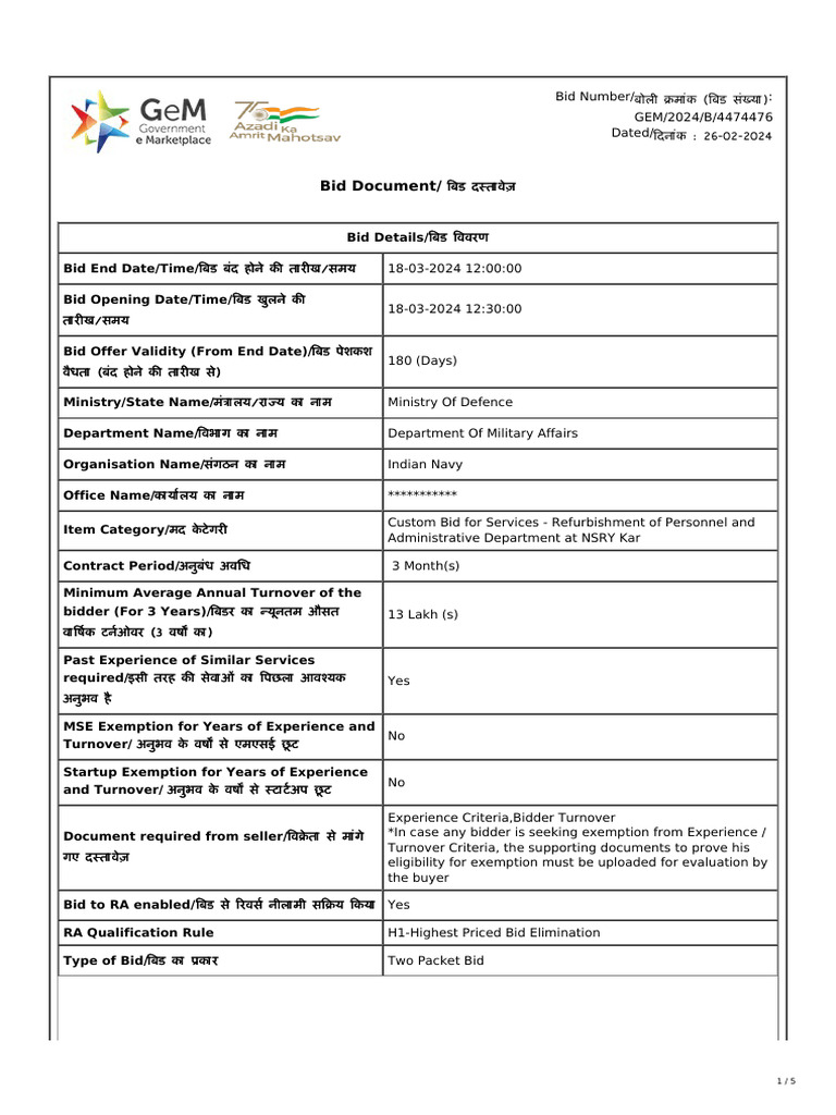 Bid for NSRY Karwar Refurbishment Services | PDF | Auction | Business
