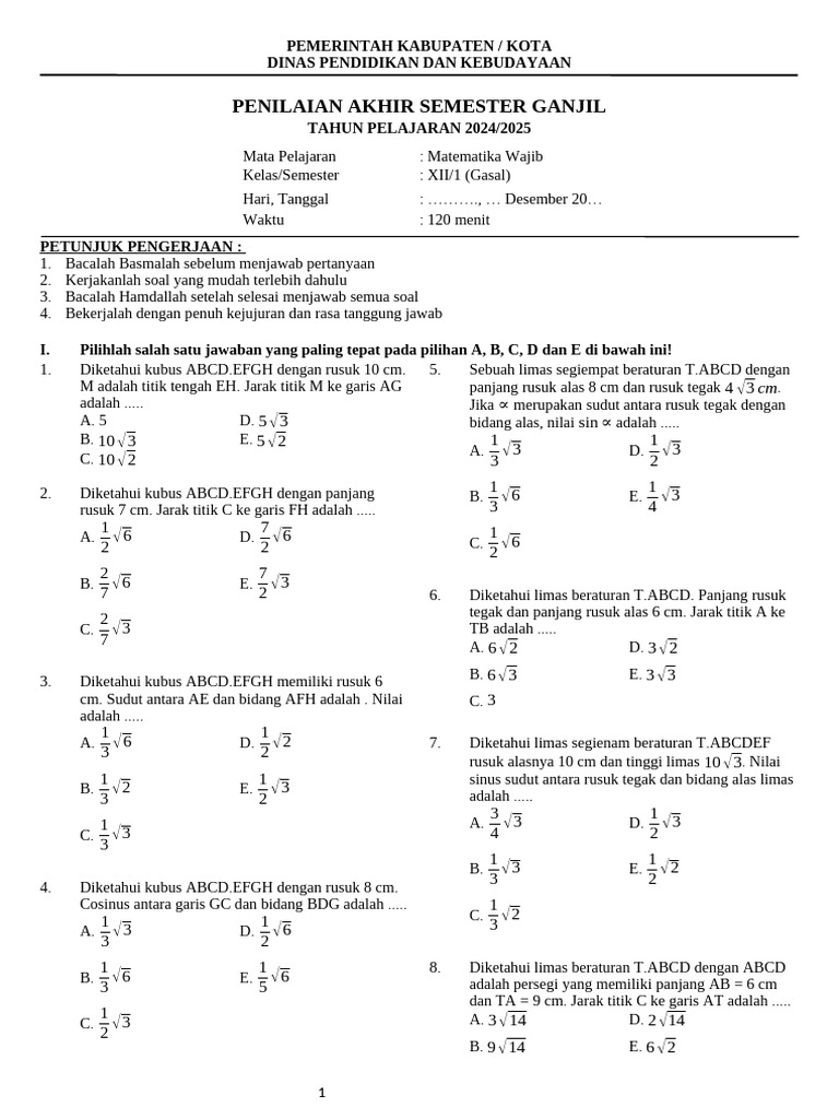 Soal PAS Matematika Wajib Kelas XII | PDF