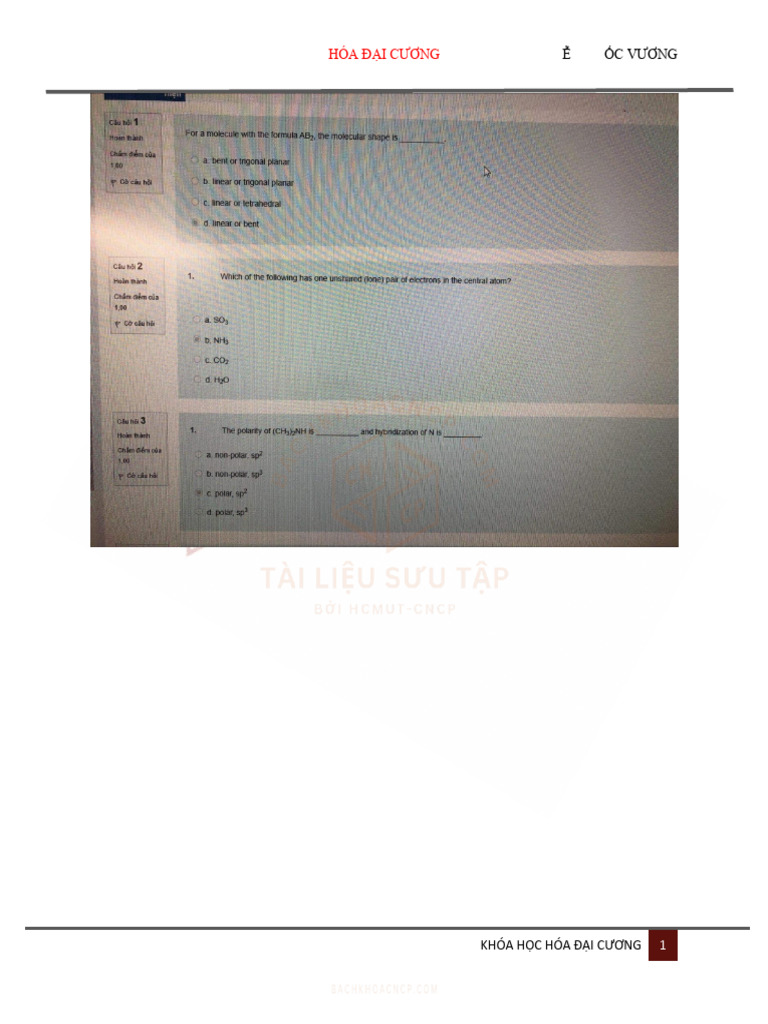 Đề giữa kì hóa đại cương OISP Hk221 | PDF