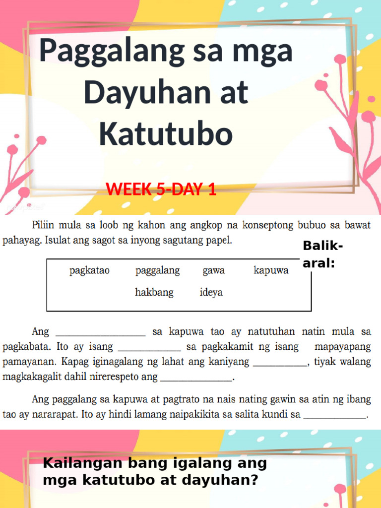 Paggalang Sa Mga Dayuhan at Katutubo: Week 5-Day 1 | PDF