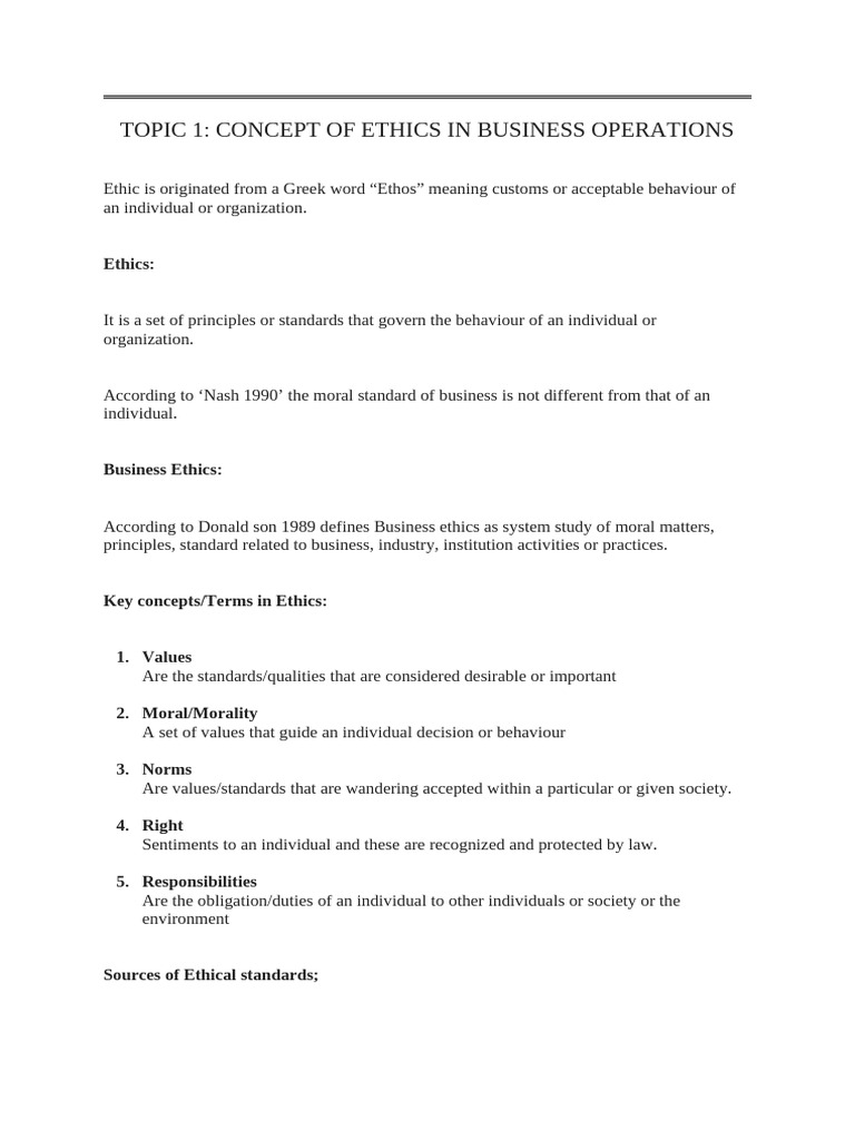 Summary Topic 1 Concept of Ethics in Business Operations | PDF | Morality | Business Ethics