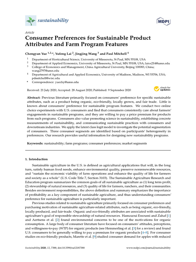 Consumer Preferences For Sustainable Product Attributes and Farm ...