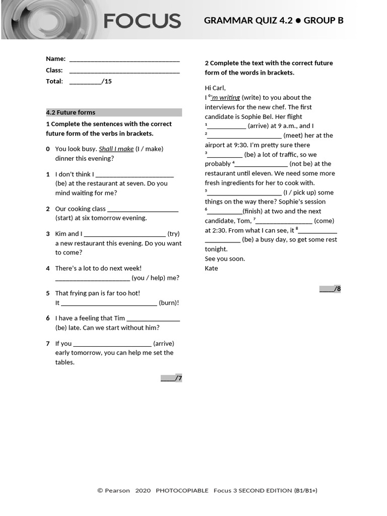 Focus3 2E Grammar Quiz Unit4 2 GroupB | PDF | Linguistic Morphology | Language Mechanics