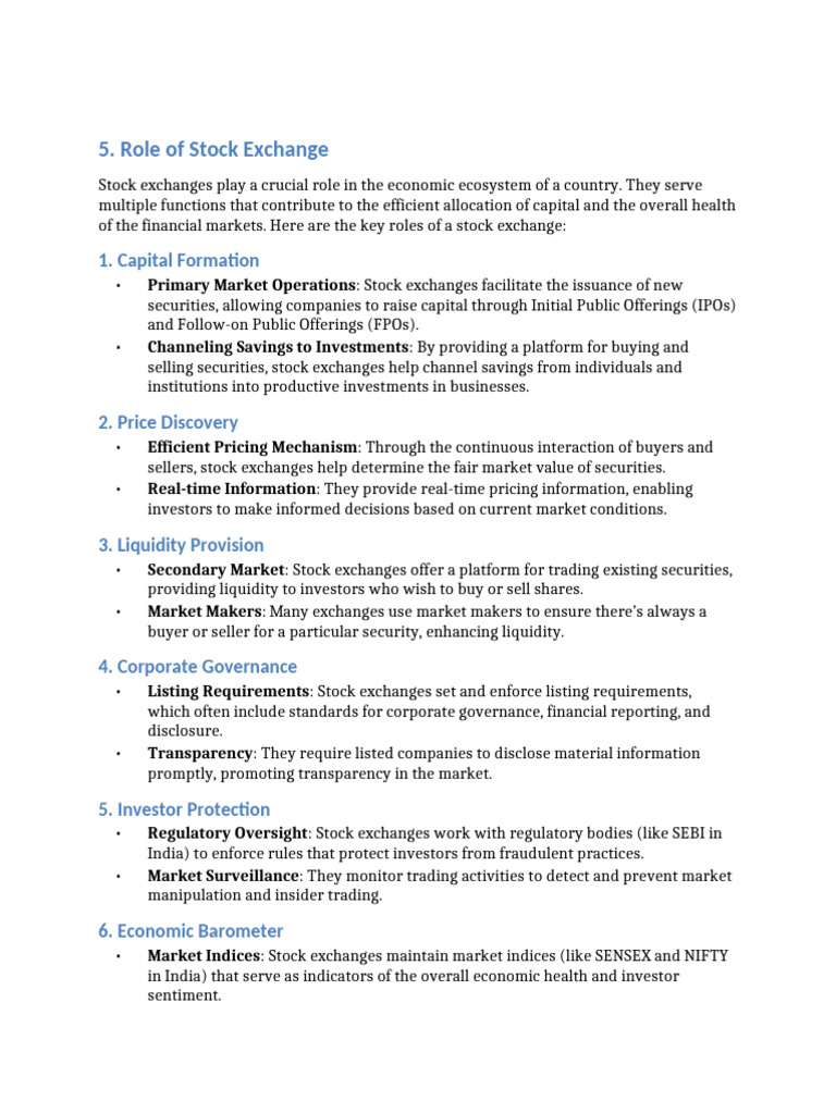 Key Roles of Stock Exchanges | PDF | Stocks | Market (Economics)